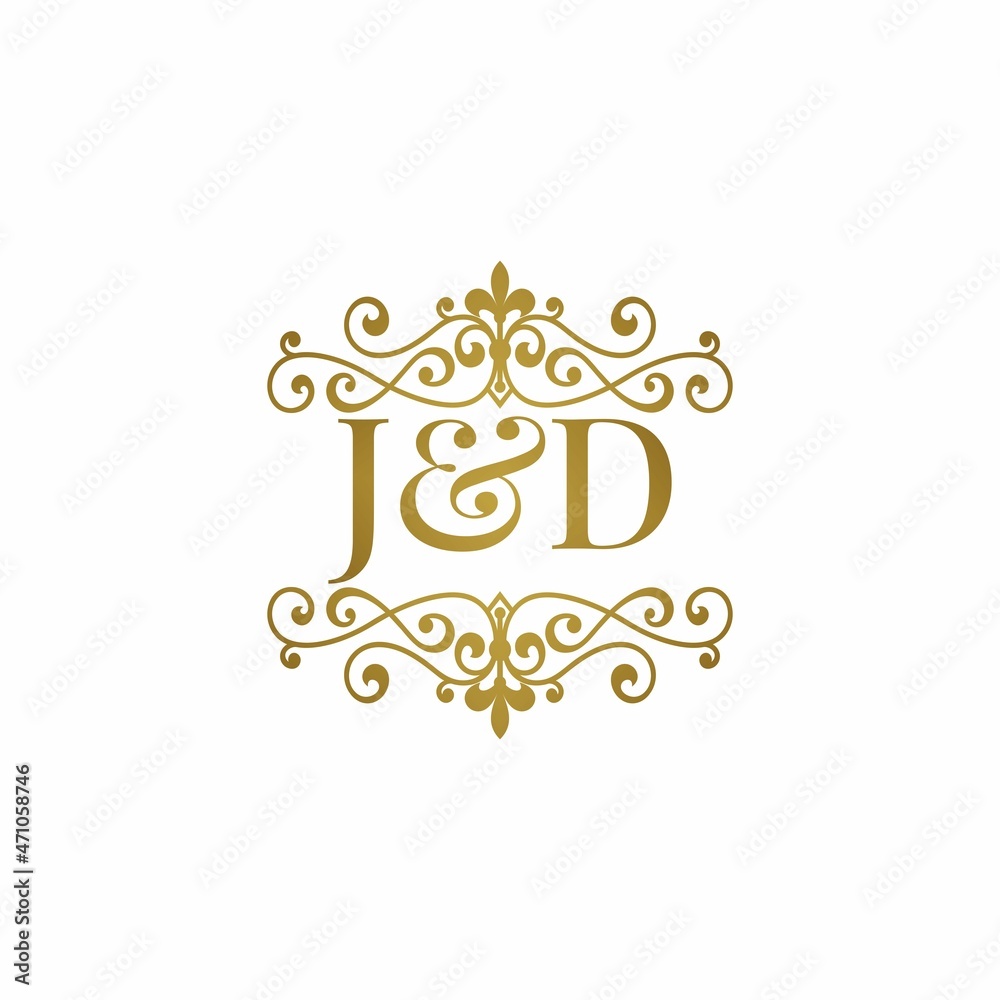 J&D initials logo ornament gold. Letter JD wedding ampersand or ...