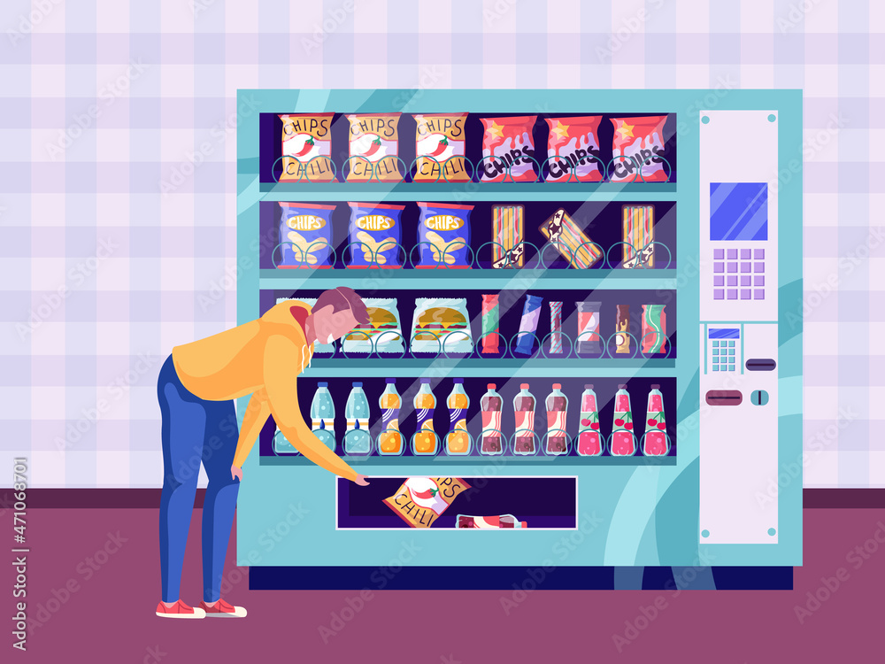 Hungry character use vending machine to choose snack for business lunch ...