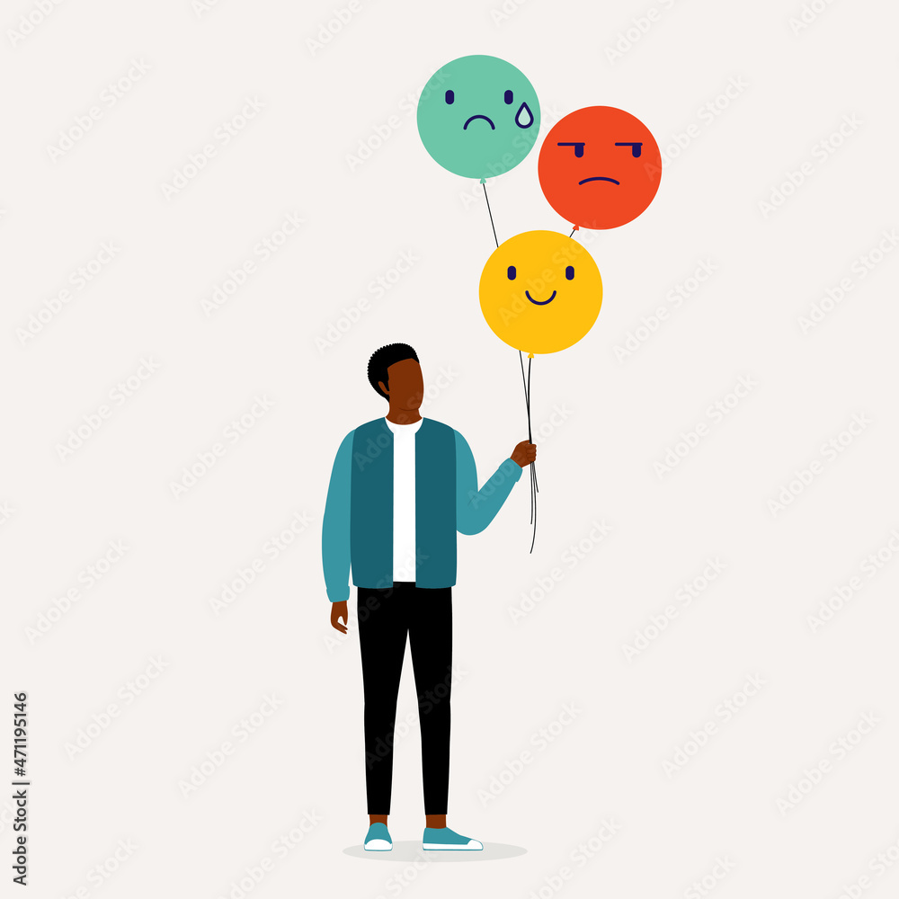 Vector de Stock Mixed Feelings And Emotions Concept. Young Black Man ...