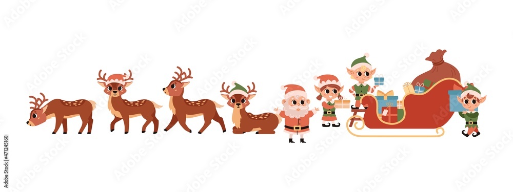 Christmas elves load gifts into Santa's magic sleigh. Santa Claus ...