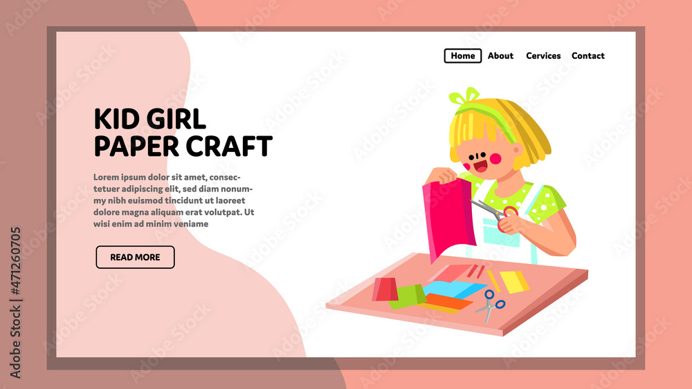 Kid Girl Paper Craft On Classroom Lesson Vector. Schoolgirl Cut Color ...