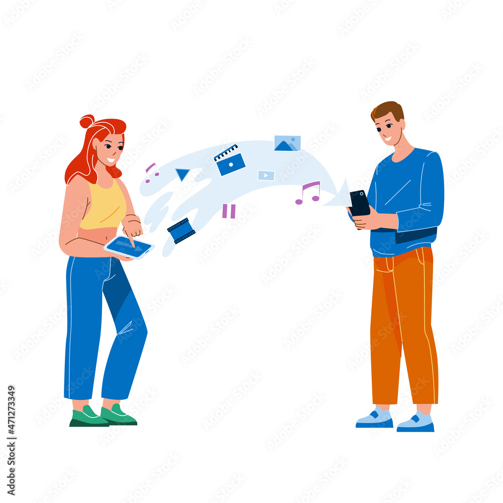 Content Sharing On Smartphone Man And Woman Vector. Young Boy And Girl ...