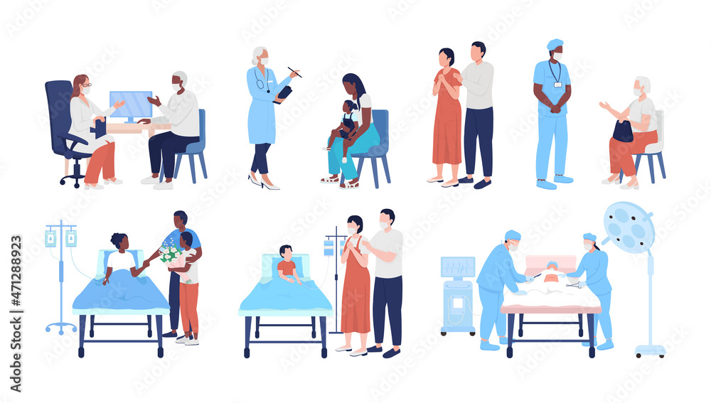 Hospital procedures semi flat color vector character set. Posing ...