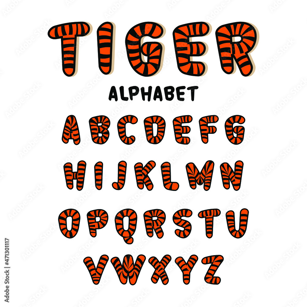 Decorative tiger font and alphabet with tiger patterns. Vector font on ...