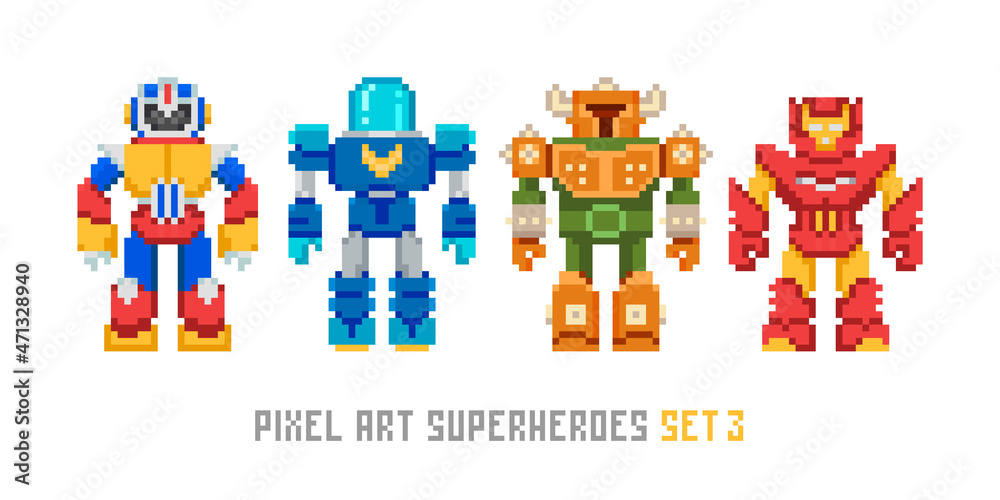 Pixel art robots icons and 8-bit superheroes isolated vector set 3 ...