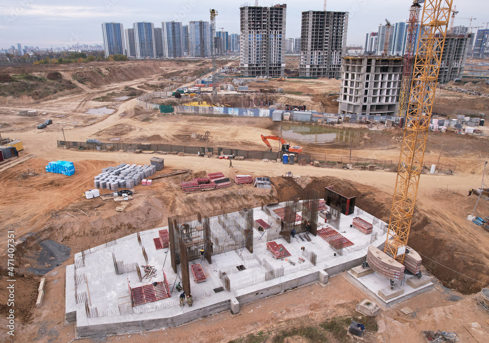Foundation slab for monolithic reinforced skyscraper. Preparing ...