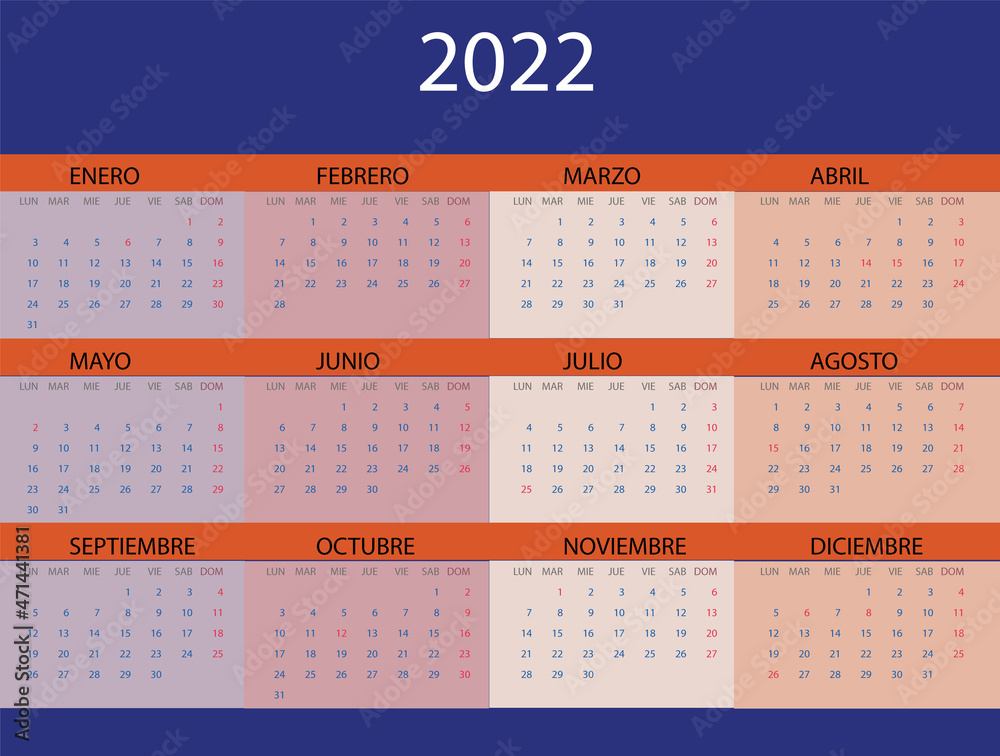Calendario laboral 2022 en español con festivos Stock Vector | Adobe Stock