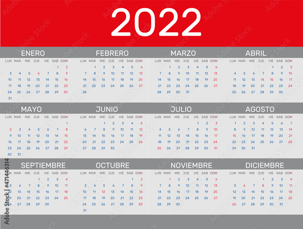 Calendario 2022 en español con festivos Stock Vector | Adobe Stock