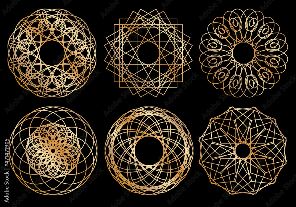Spirograph patterns set. Twisted lines abstract shapes. Guilloche ...
