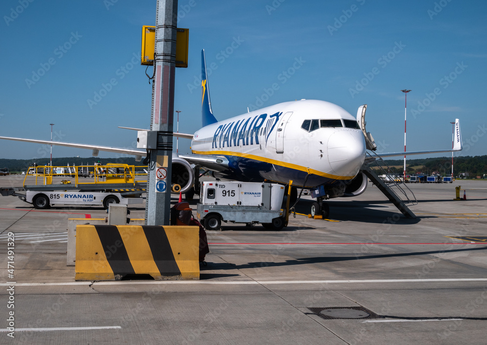 Ryanair Boeing 737 connected to Ground Power Unit (GPU), that provides ...