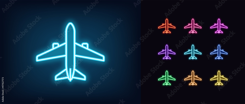 Outline neon airplane icon. Glowing neon plane sign, aircraft pictogram ...
