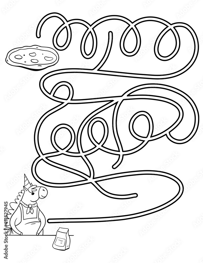 Simple kitchen maze with unicorn and pizza for kids. Coloring page for ...
