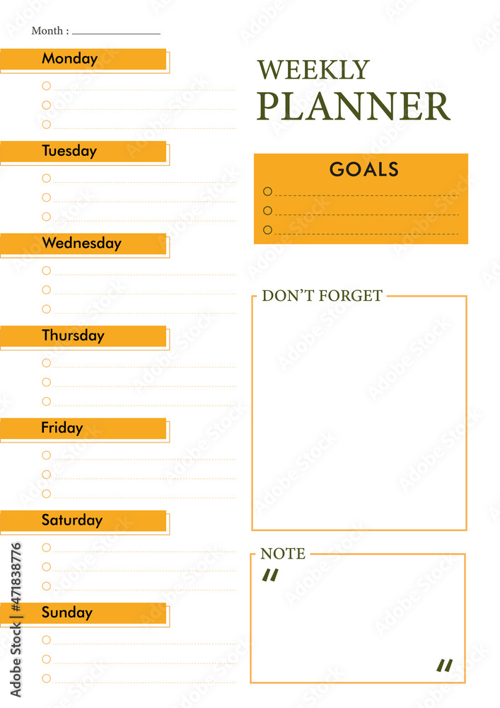 Yellow Weekly Planner Template for Bullet Journal Stock Vector | Adobe ...
