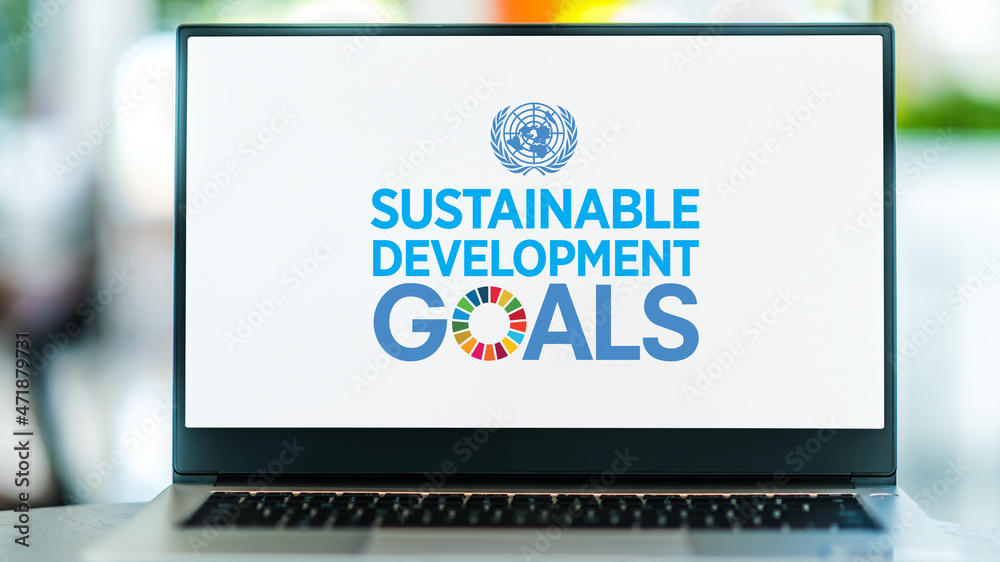 Laptop displaying logo of The Sustainable Development Goals Stock Photo ...