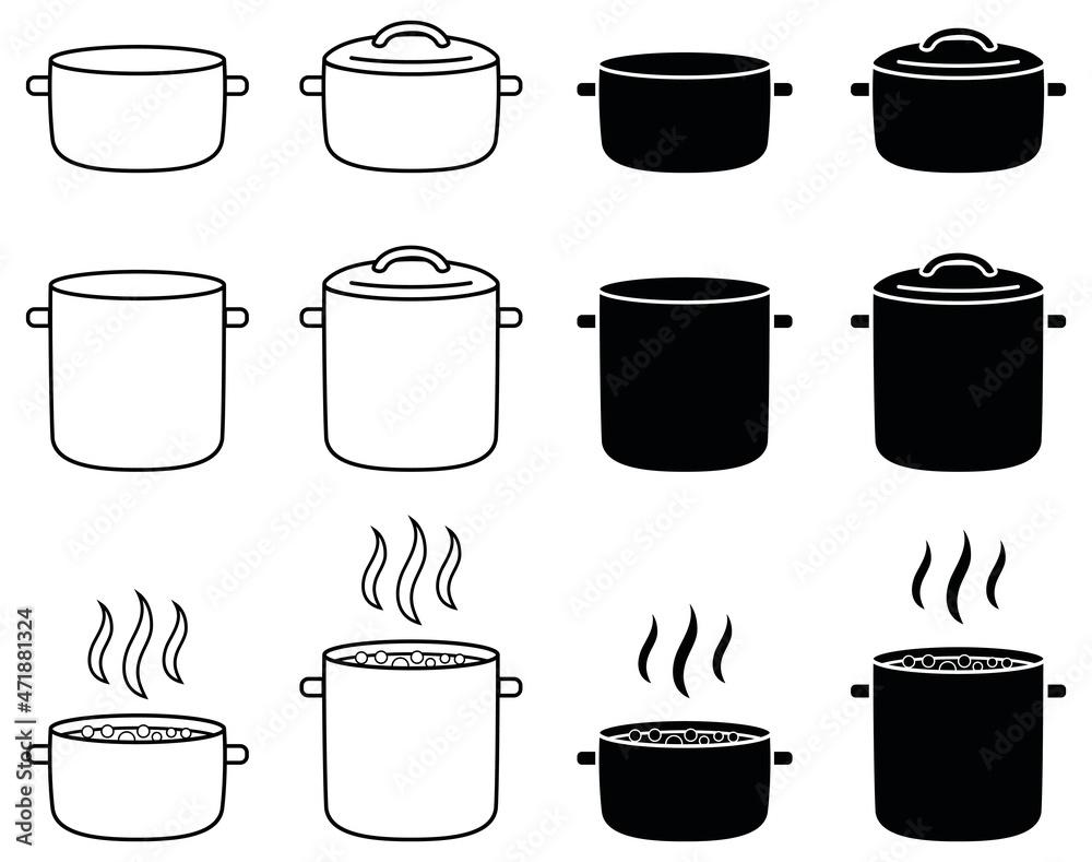 Boiling Metal Cooking Pot Clipart Set - Outline and Silhouette Stock ...