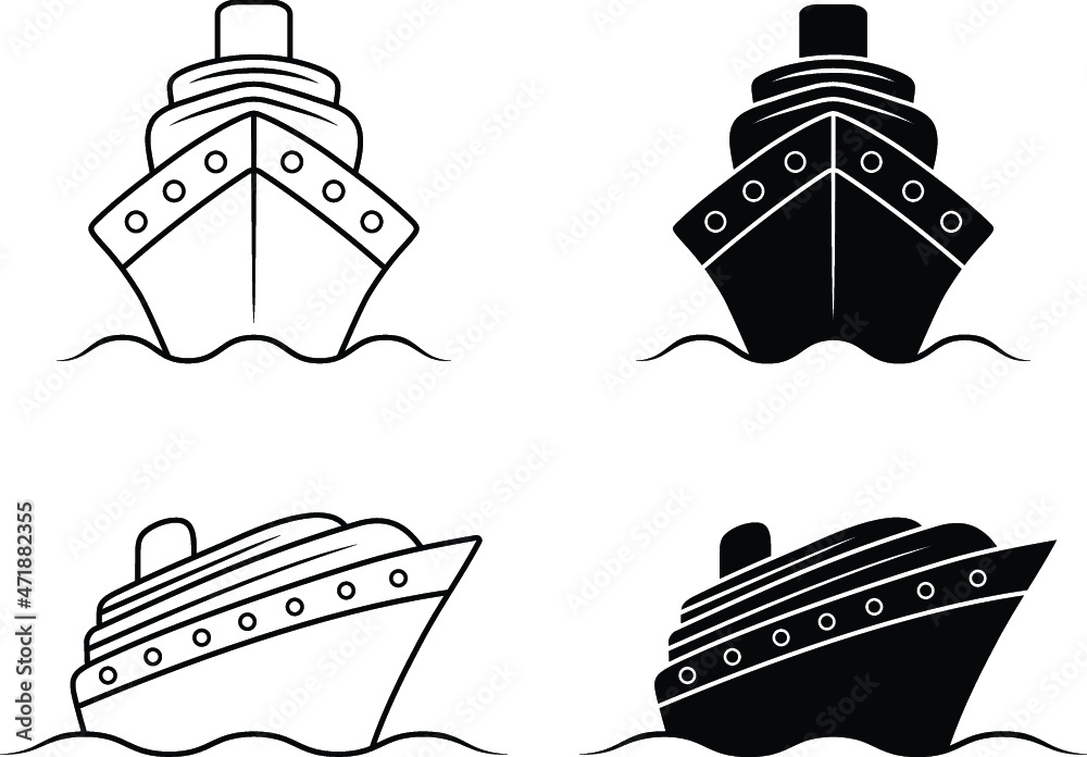 Cruise Ship Front and Angled Clipart Set - Outline and Silhouette Stock ...