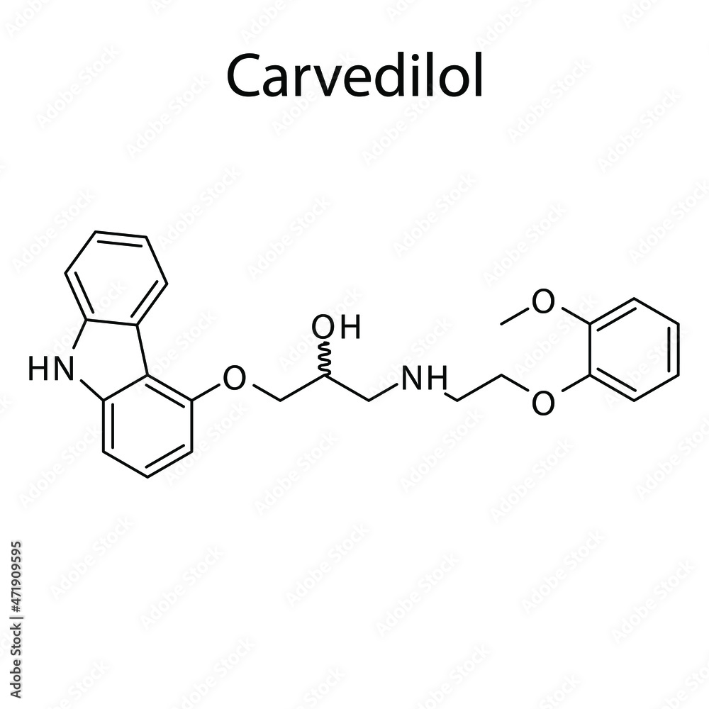 Carvedilol molecular structure, flat skeletal chemical formula. Beta ...