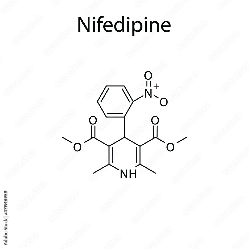 Nifedipine molecular structure, flat skeletal chemical formula. Calcium ...