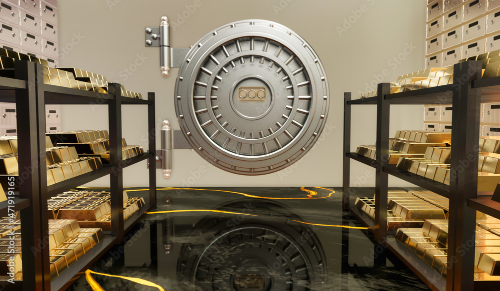 3d rendering of gold bars in bank vault view from inside, gold reserve ...
