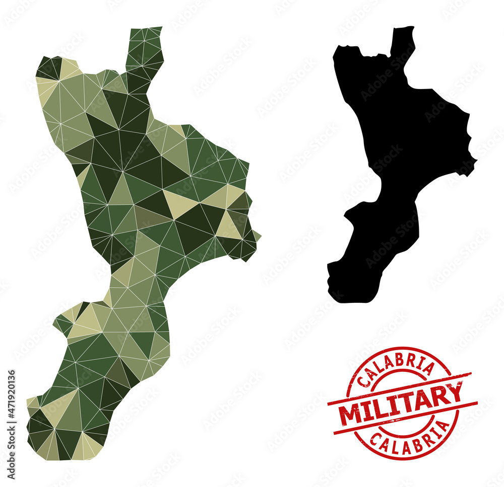Low-Poly mosaic map of Calabria region, and grunge military stamp seal ...