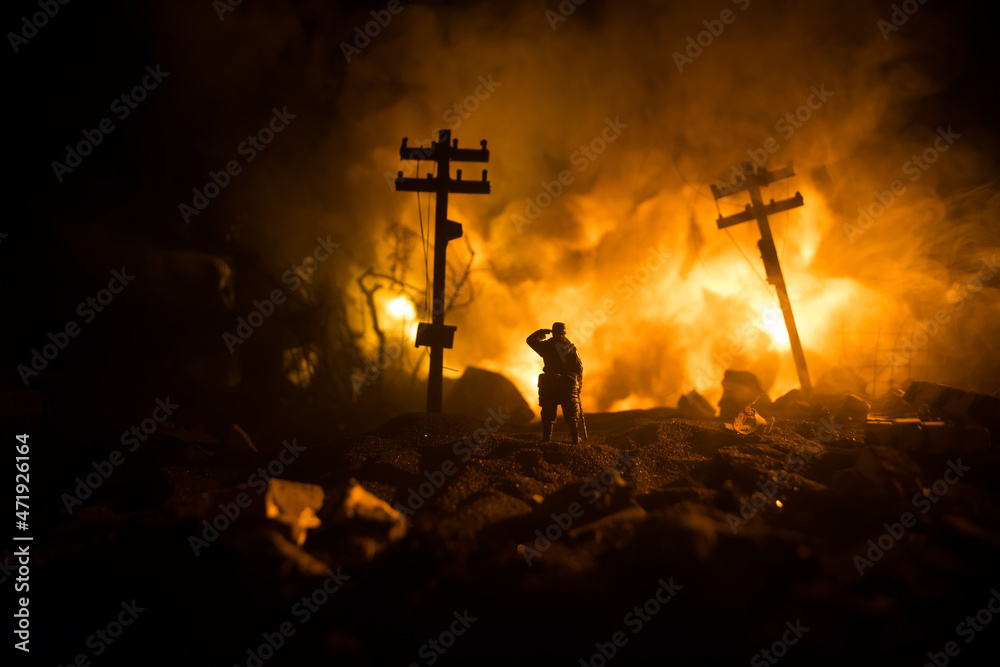 War Concept. Military silhouettes fighting scene on war fog sky ...
