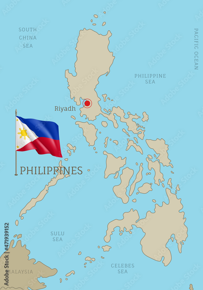 Highly detailed Philippine map with flag and labelings. Editable gray ...