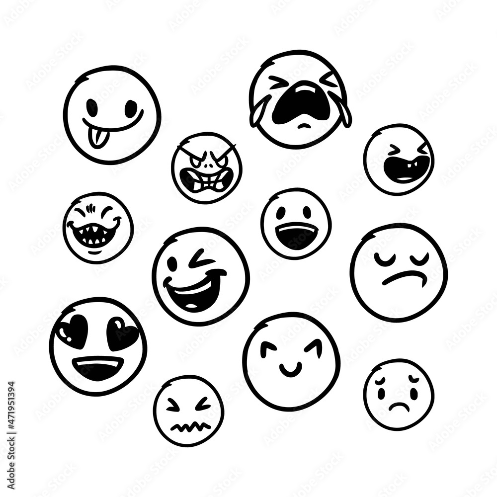 Set of cute emoticon hand drawn with isolated background vector ...