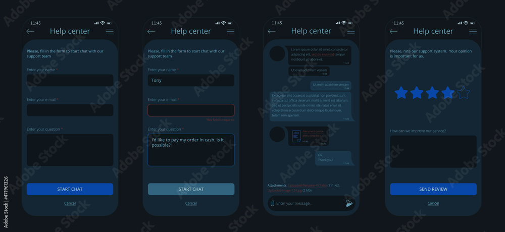 Dark theme for chat bot window ui for smart phone. Dialog design can be ...