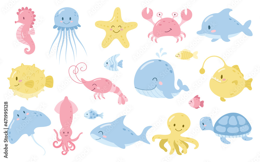 Cute vector sea animals set. Cartoon ocean fish, seahorse, jellyfish ...