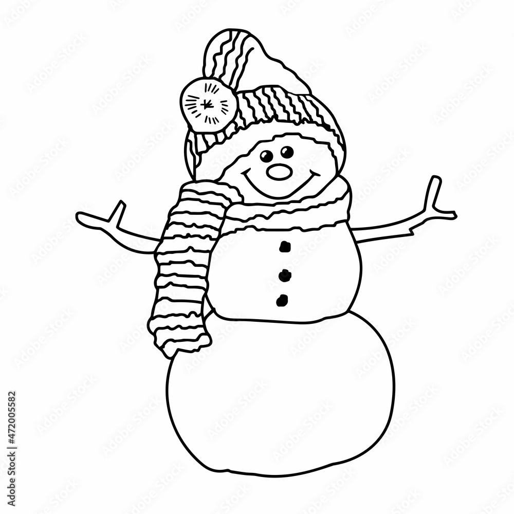 Snowman close-up on a white background. Contour drawing, vector ...