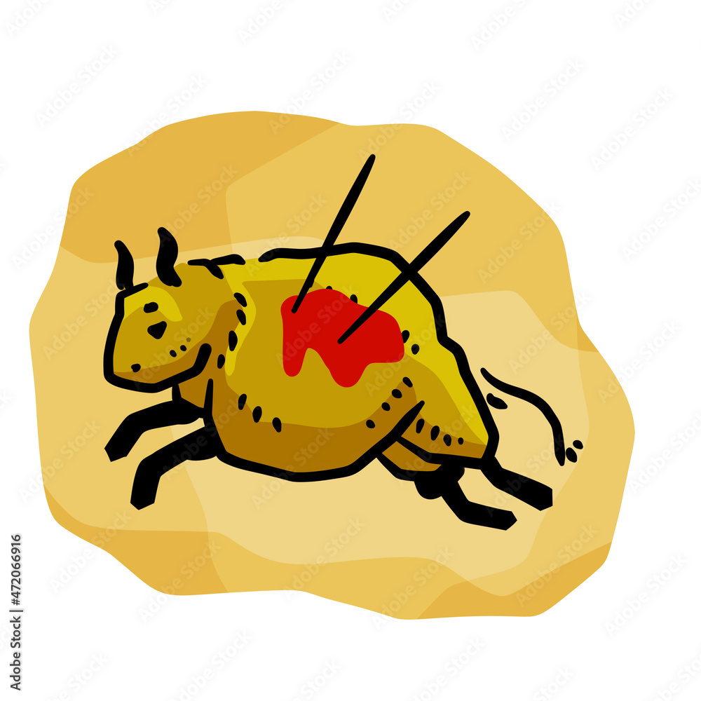 Rock art. Scene of bull hunt. Primitive life. Drawing in a cave. Animal ...
