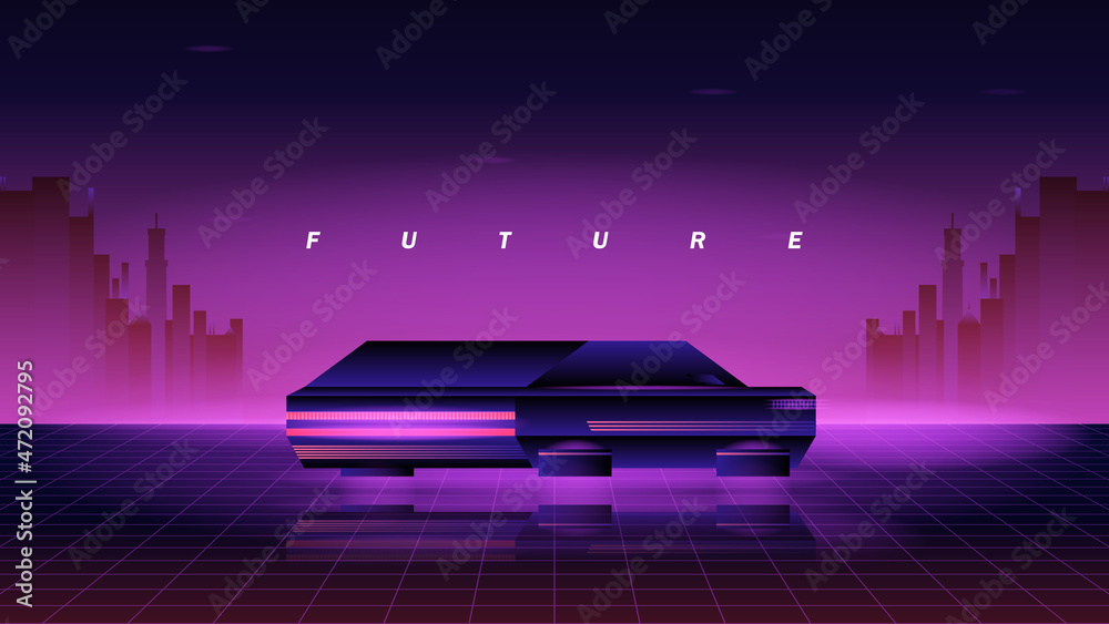 Retro future. 80s style sci-fi background with flying supercar. Futuristic retro car. Vector ...