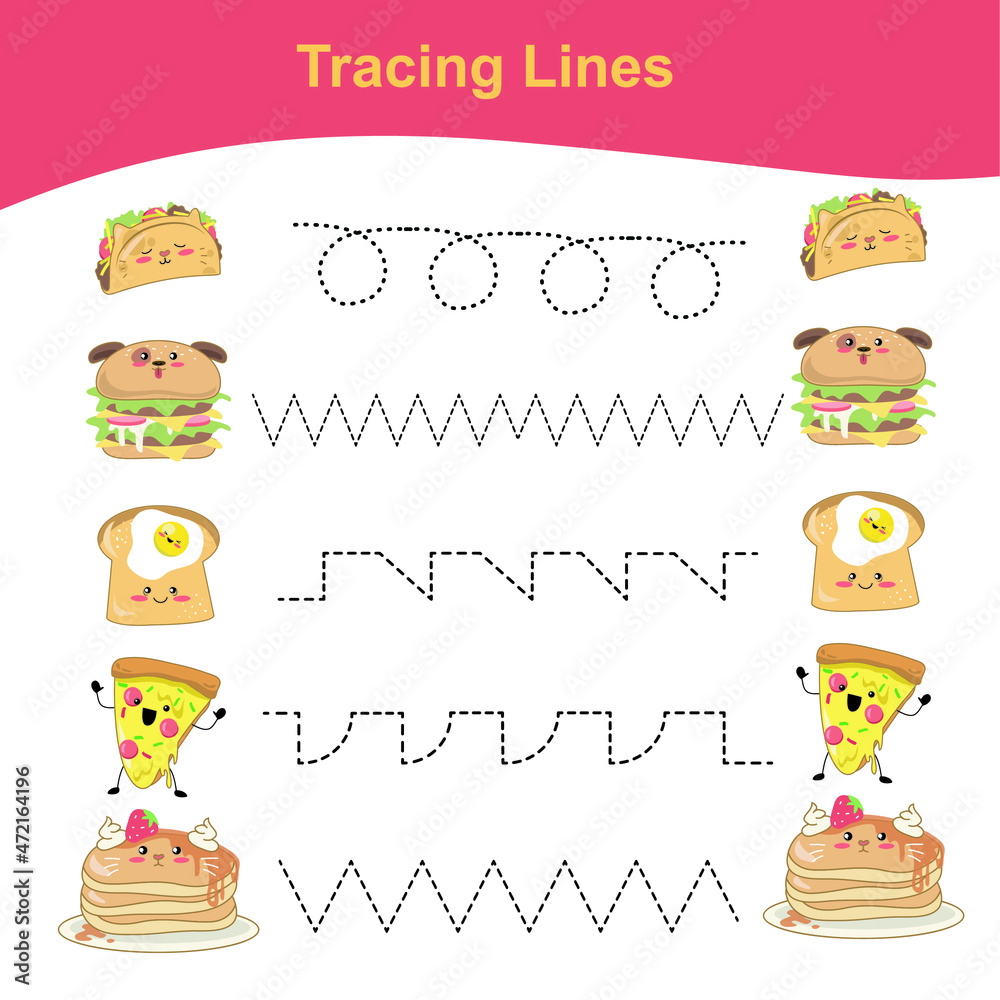 Vector de Stock Tracing Lines worksheet game. Food Tracing Lines ...