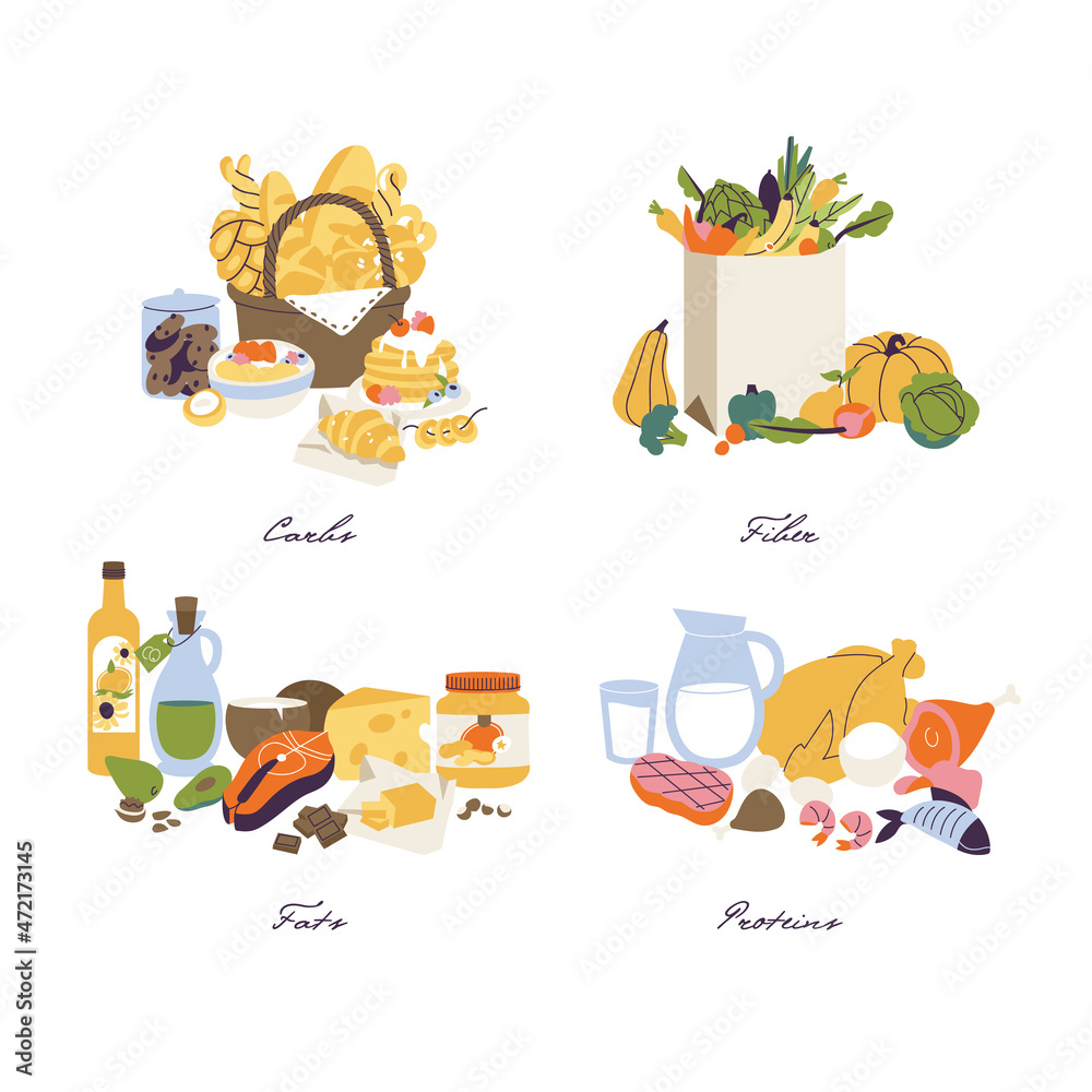 Vector illustration set of nutrition categories macronutrients. Fiber ...