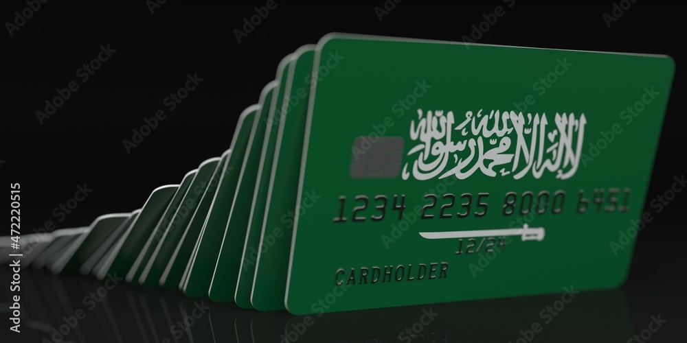 Falling plastic cards with flag of Saudi Arabia on dark background ...