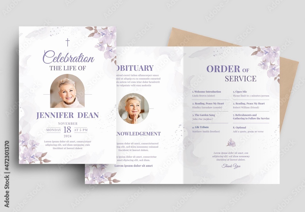 Funeral Program Memorial Service Obituary Layout with Purple Watercolor ...