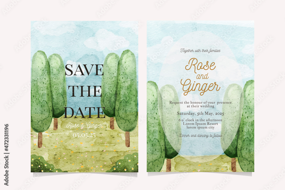 wedding invitation with green nature landscape watercolor Stock Vector ...