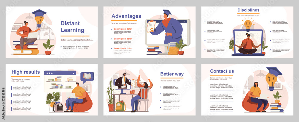 Distant learning concept for presentation slide template. People ...