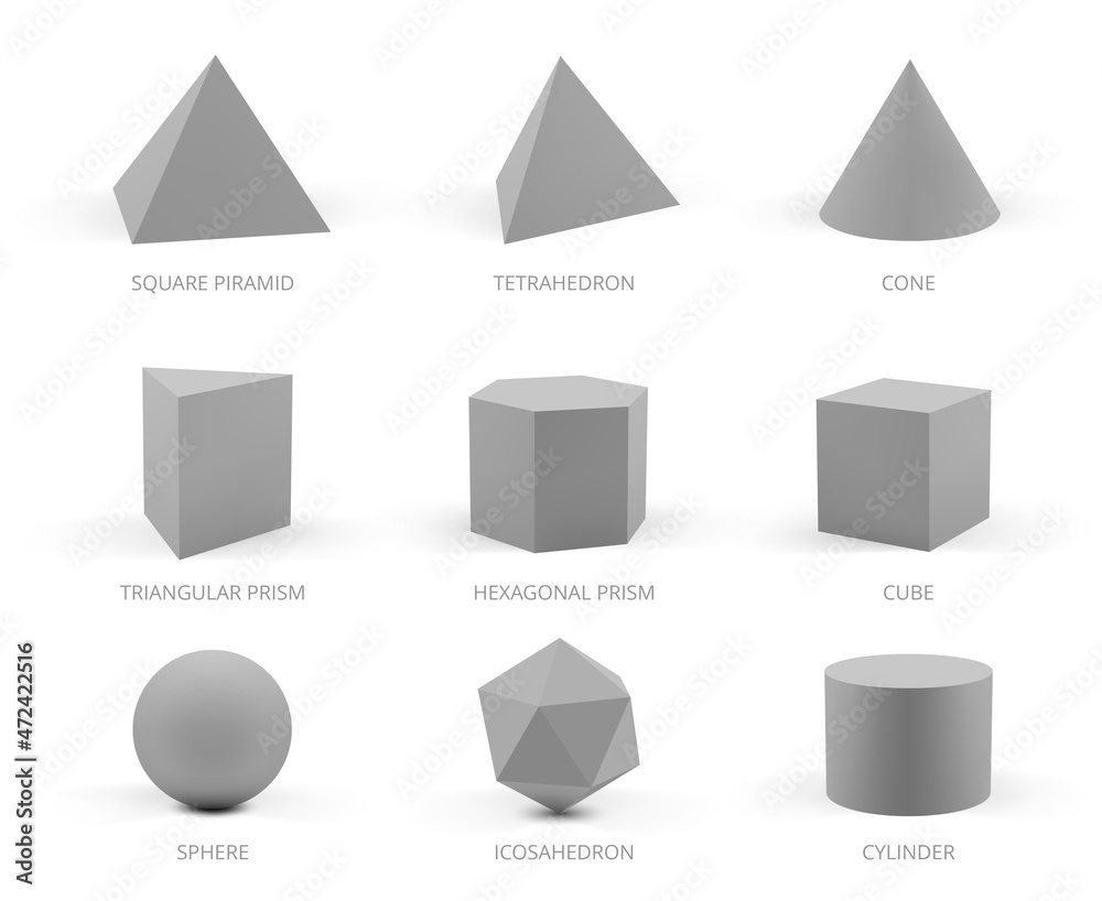 Basic 3D geometric shapes collection with names. Vector realistic illustration isolated on white ...