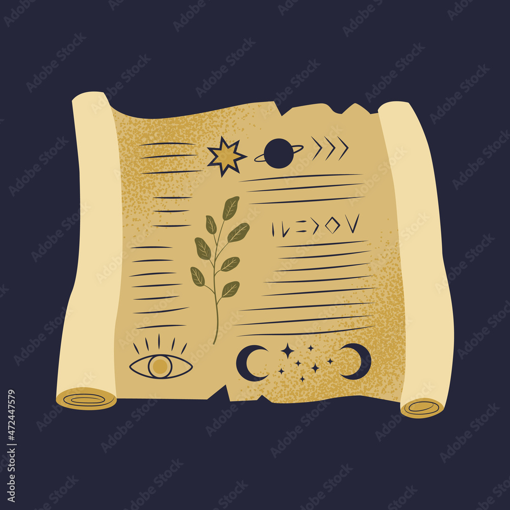 Old ancient scroll with magic spells isolated vector illustration ...