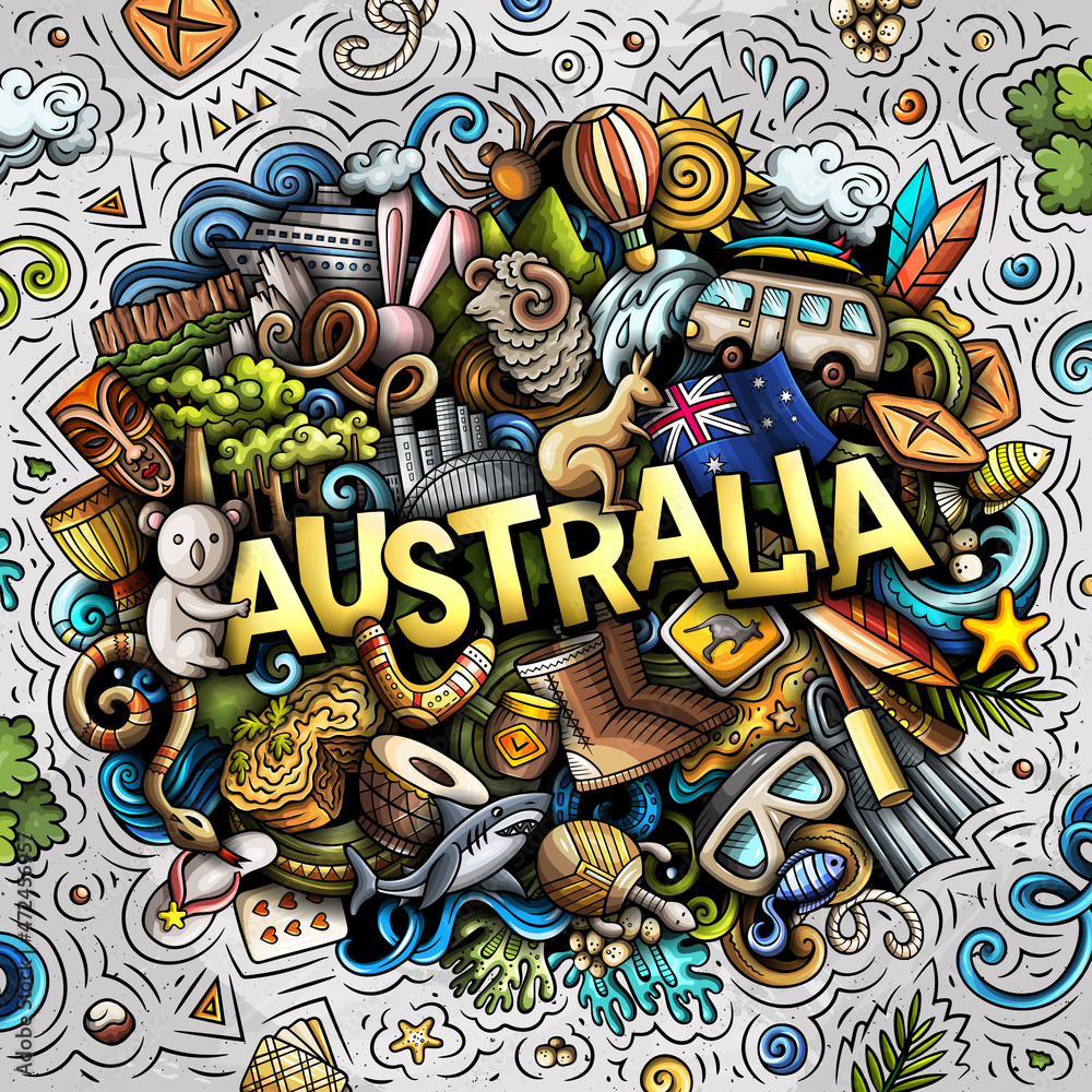 Australia hand drawn cartoon doodle illustration. Funny local design ...