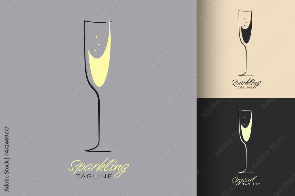 Glass of champagne. Set of three variants in different colors ...