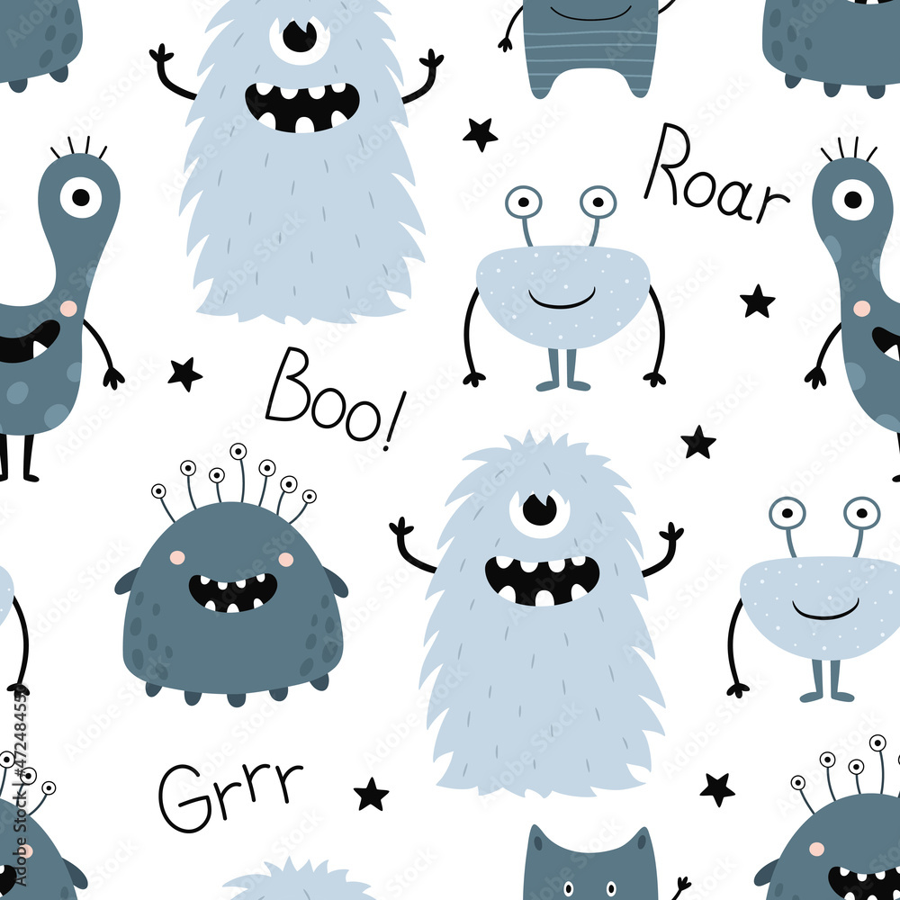 Seamless pattern with cute funny monsters. Cartoon characters. Vector ...