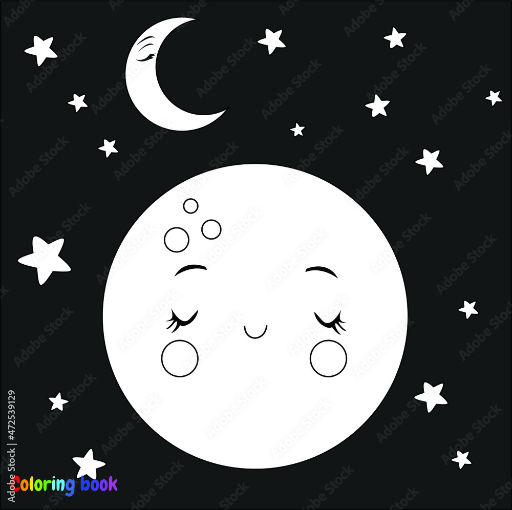 cute cartoon moon and star on the space . Black and white vector ...