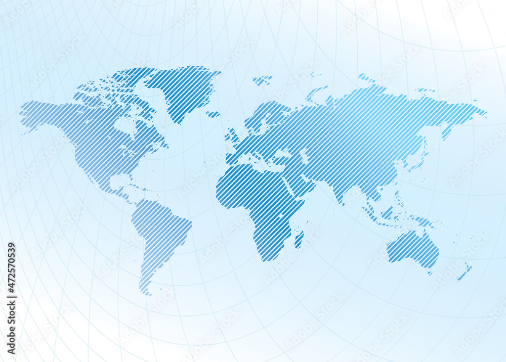 light blue background with striped blue world map and distorted grid ...