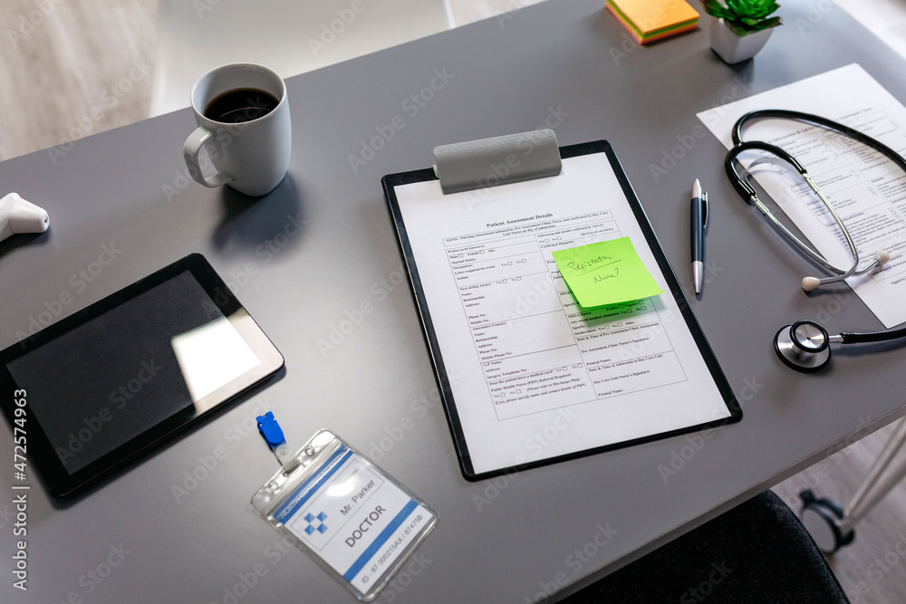 Top view of doctor desk with medical documents and stethoscope Stock ...