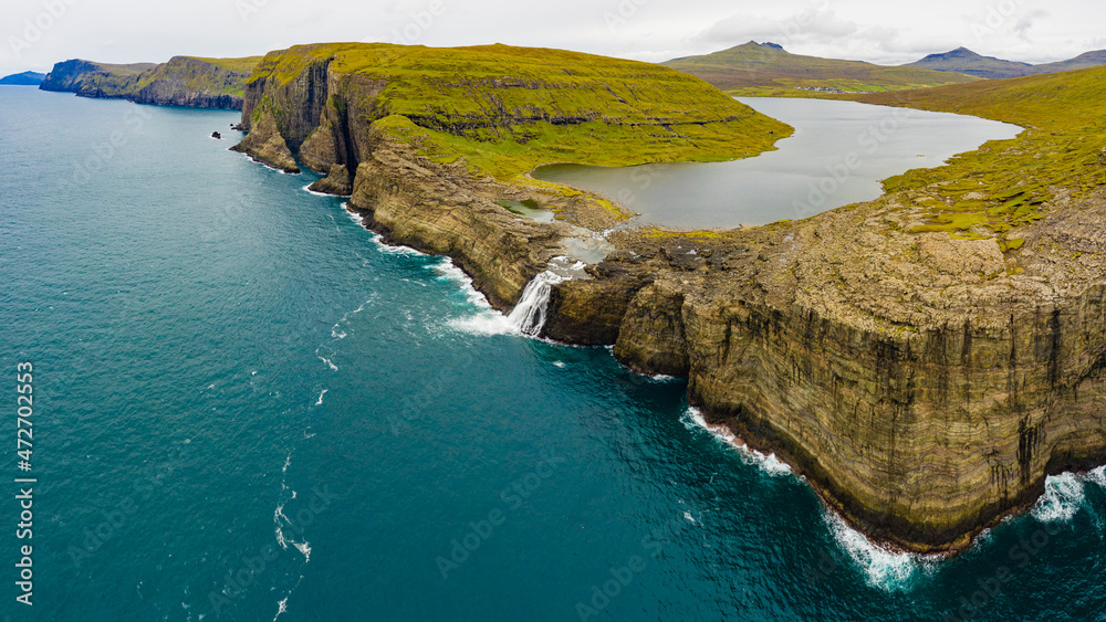 Europe, Faroe Islands. Aerial view Aerial view of Bosdalafossur, a ...