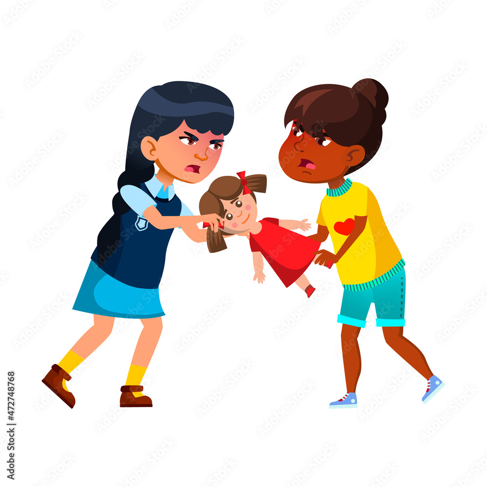 Schoolgirls Fighting And Arguing Over Doll Vector. Asian And Hispanic ...
