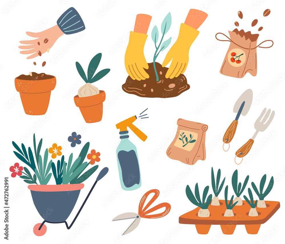 Set of Gardening elements. Cute garden work elements: tools, seeds ...