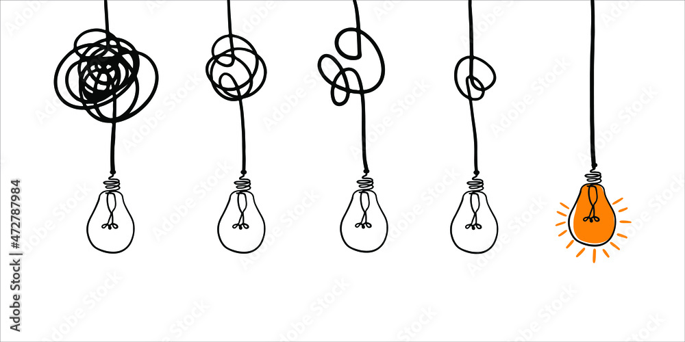 Messy lines and bulb. Idea concept with outline lamps. Doodle tangled ...